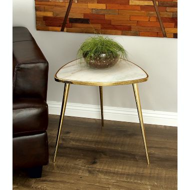 Ridge Road Décor Triangular Light Marble Accent Table in Gold | Bed ...